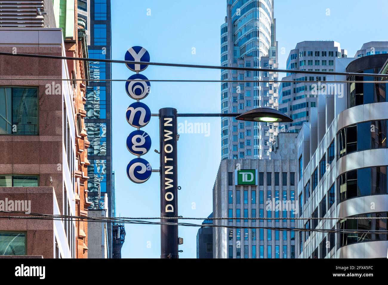 The sign of Yonge Street in the Toronto downtown, Canada. The cityscape ...