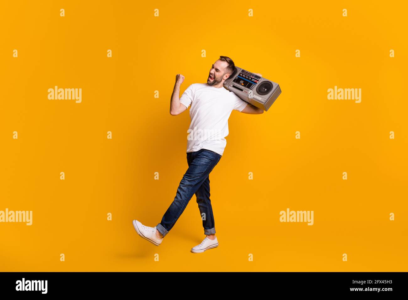 Full length body size view of nice funky cool cheerful guy dancing ...