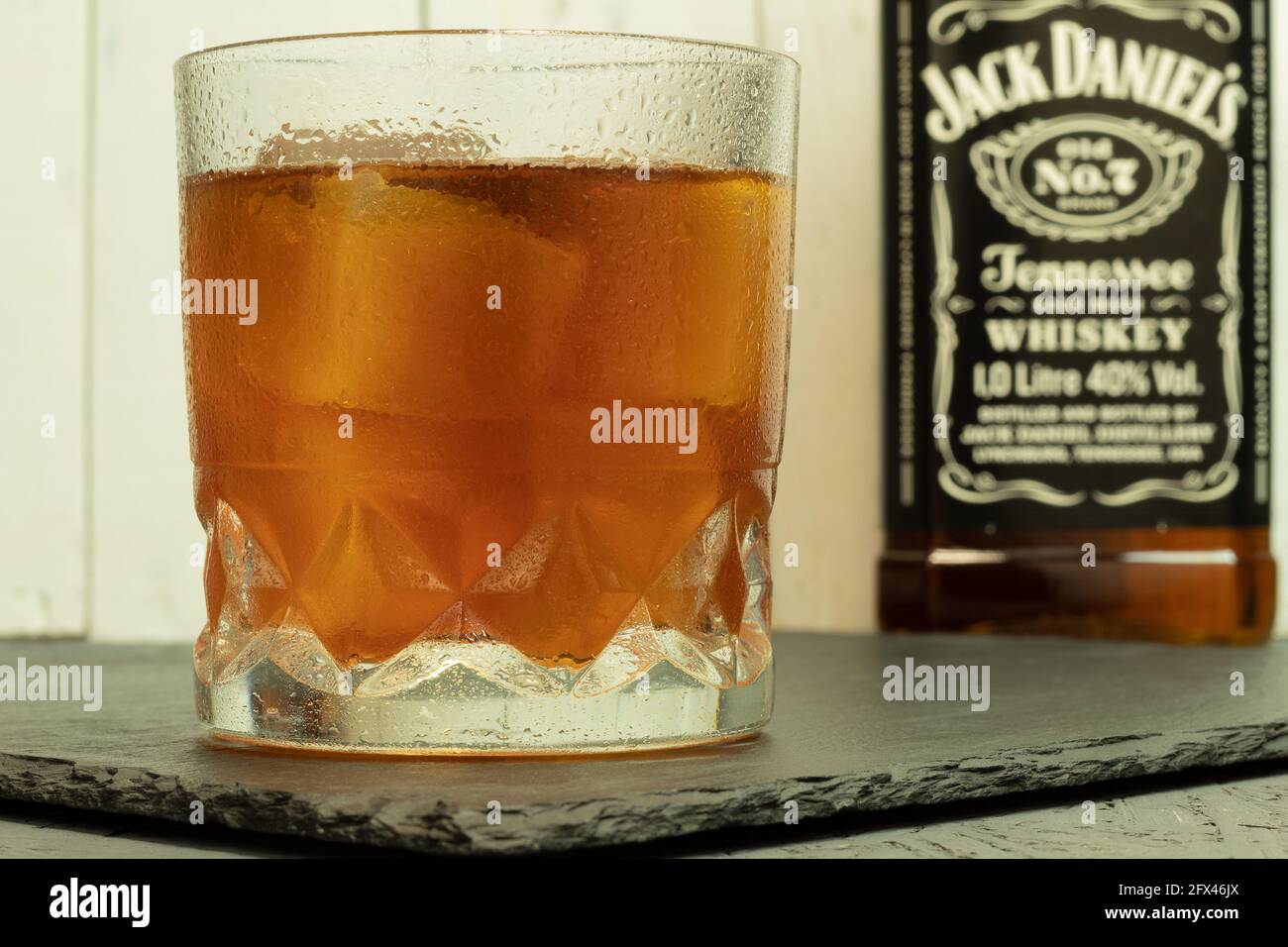 Warsaw, Poland - May 22, 2021: Glass of Jack Daniels whiskey with ice ...