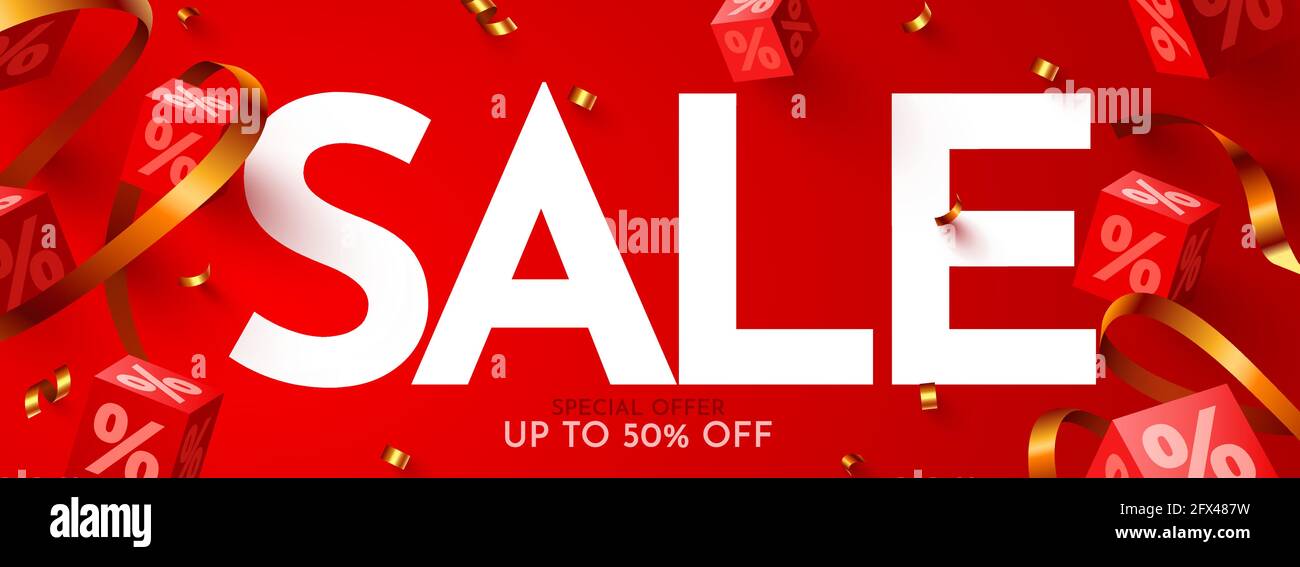 Great discount sale banner or poster design on bright red background ...