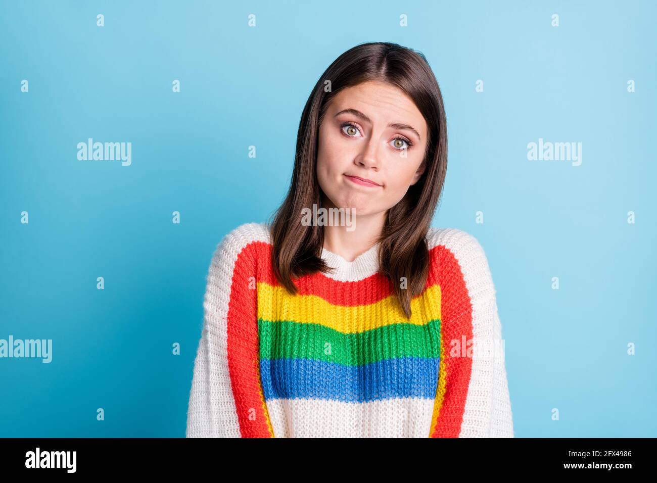 Portrait of charming person shrug shoulders lips look camera isolated ...