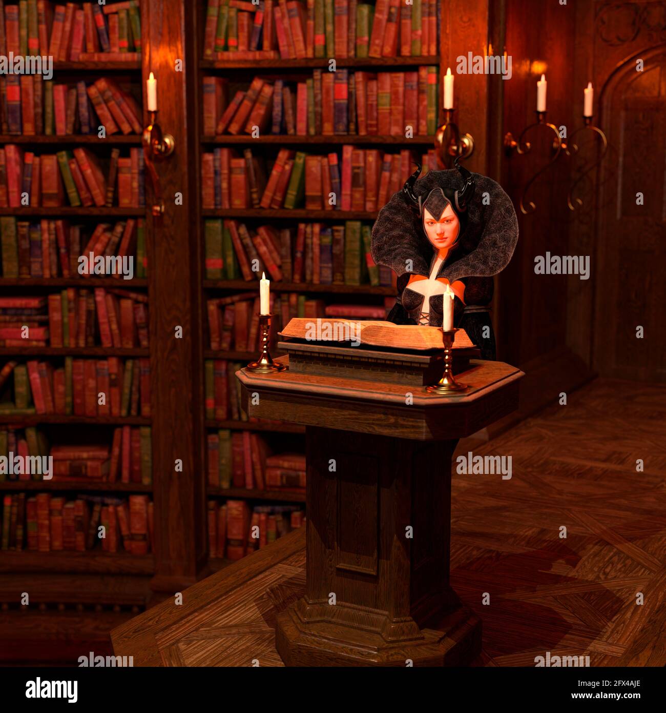Illustration of a witch reading magic book with candlelight in a ...
