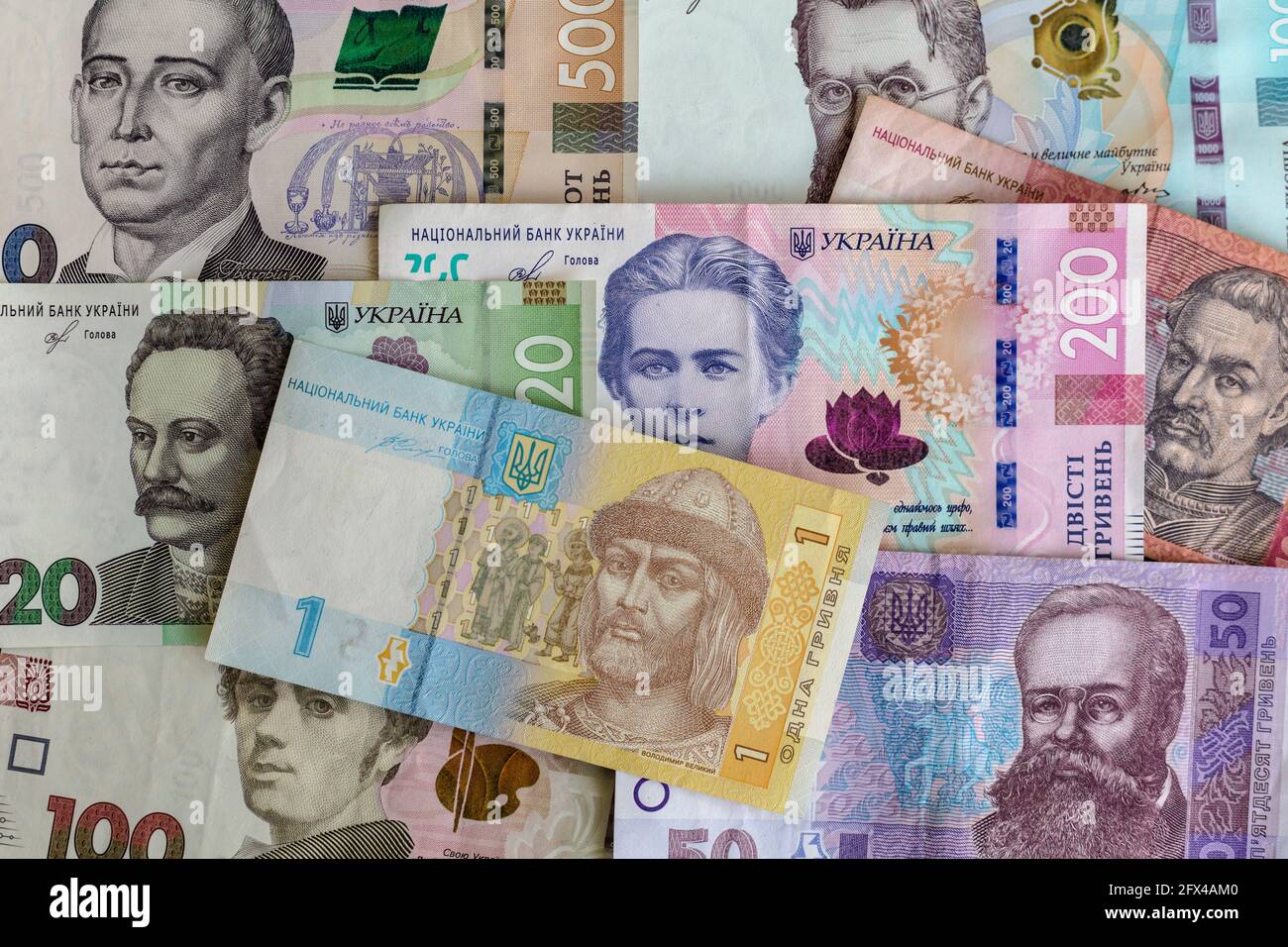 Paper money different denominations, Ukrainian hryvnia background with ...