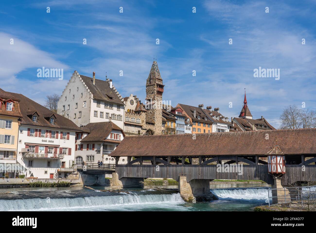 The medieval wooden bridge over Reuss river in Bremgarten is very known ...