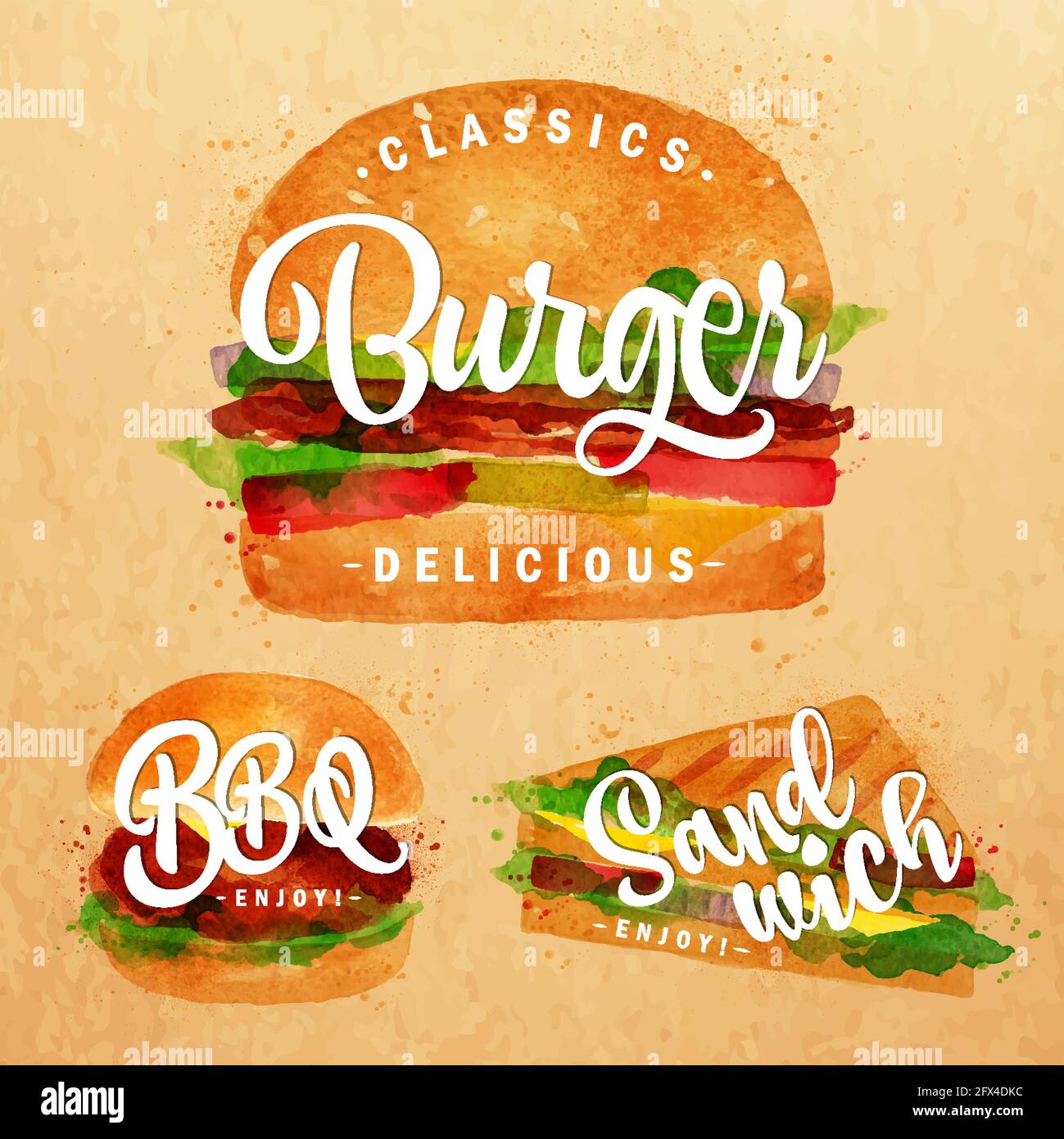 Set of classic burger, bbq burger and sandwich drawing with color paint ...