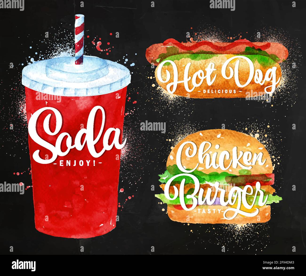 Set of soda water, hot dog and chicken burger drawing with color paint ...