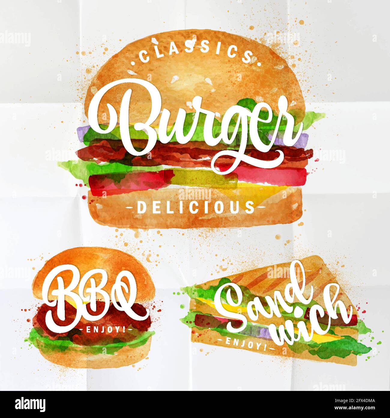 Set of classic burger, bbq burger and sandwich drawing with color paint ...