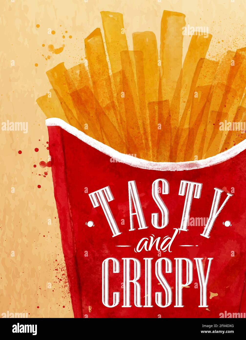 Poster french fries lettering Tasty and crispy drawing with color paint ...