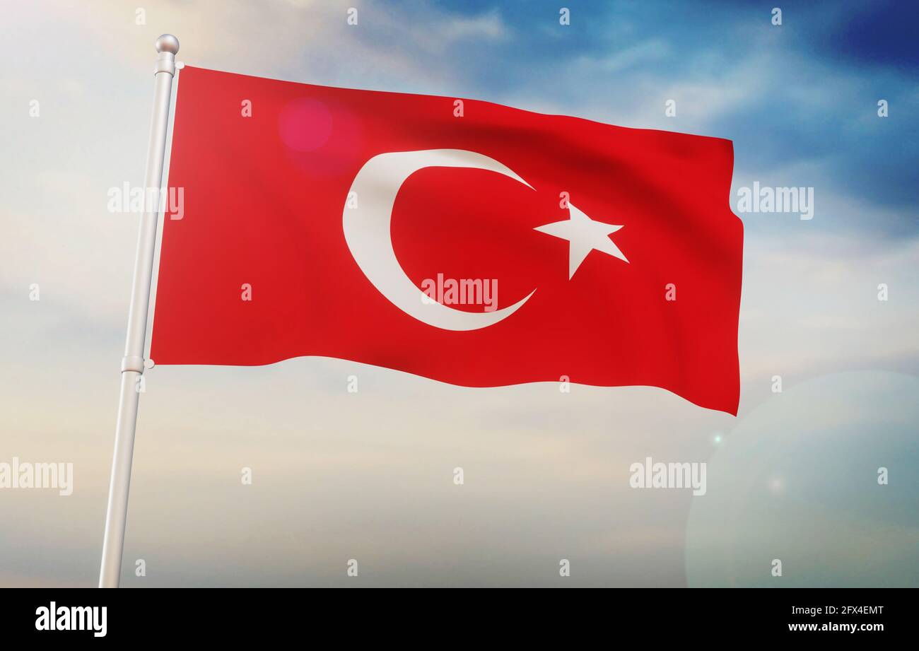Red Turkey Flag with Moon and star in Center 3D Rendered Concept ...