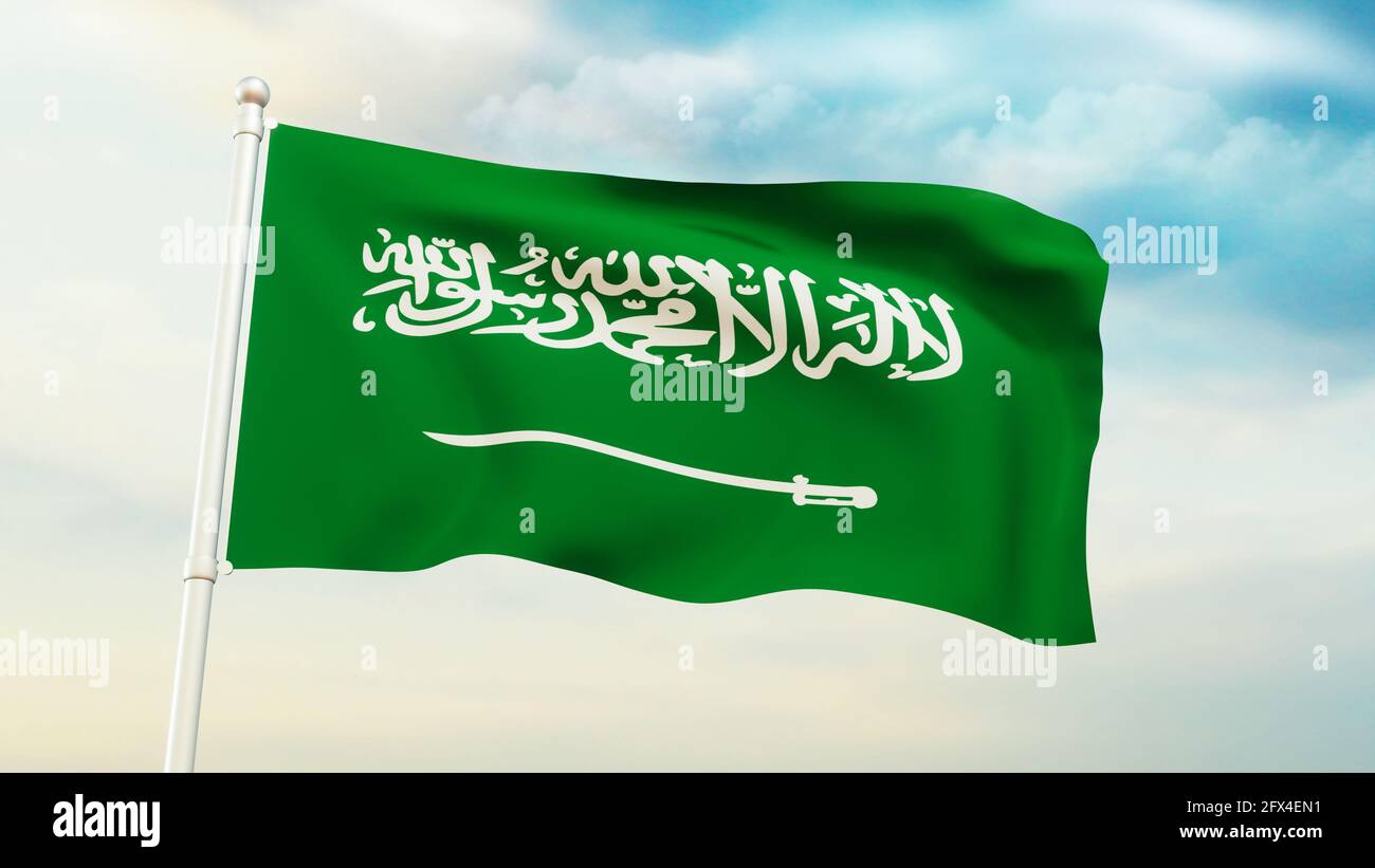 Saudi Arabia Flag Waving in the Sky with Sunlight behind it. Modern ...