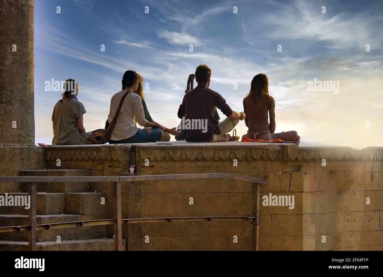 Varanasi, India - November 01, 2016: Bunch of tourists, sadhu baba and ...