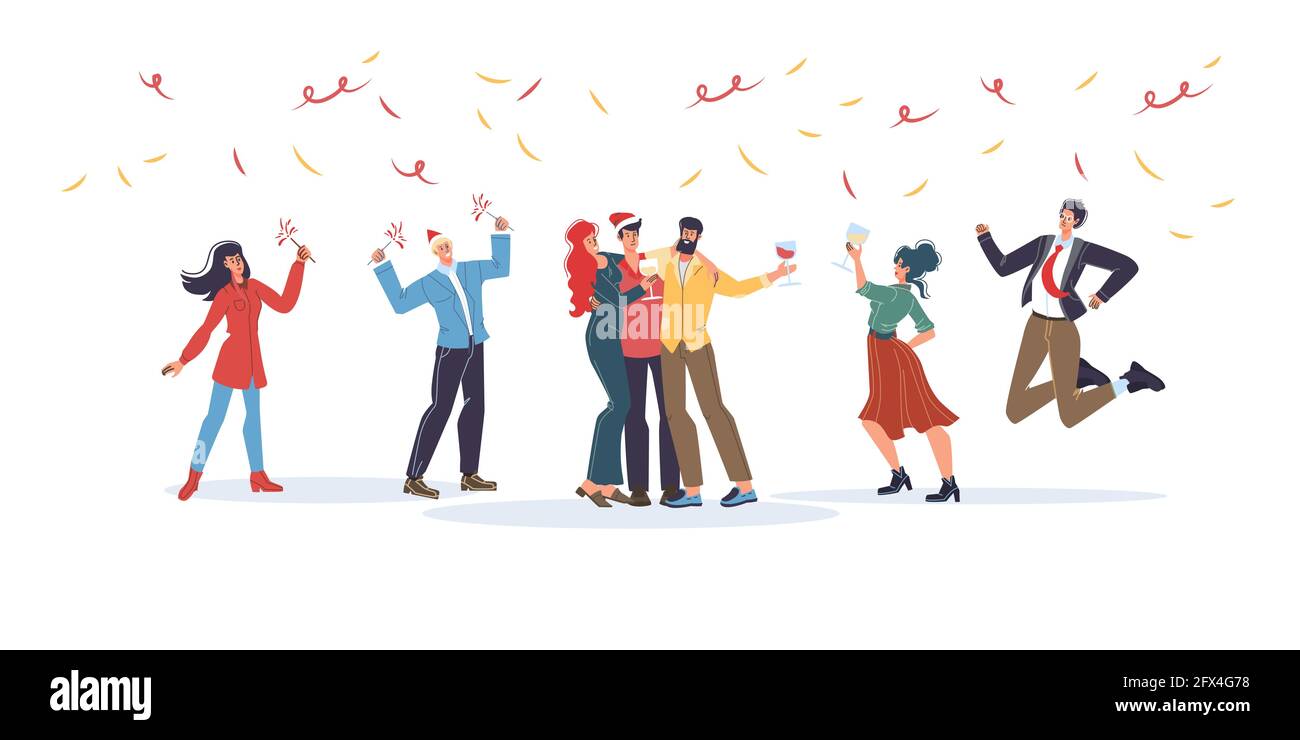 Flat cartoon characters friends party celebrate vector illustration ...