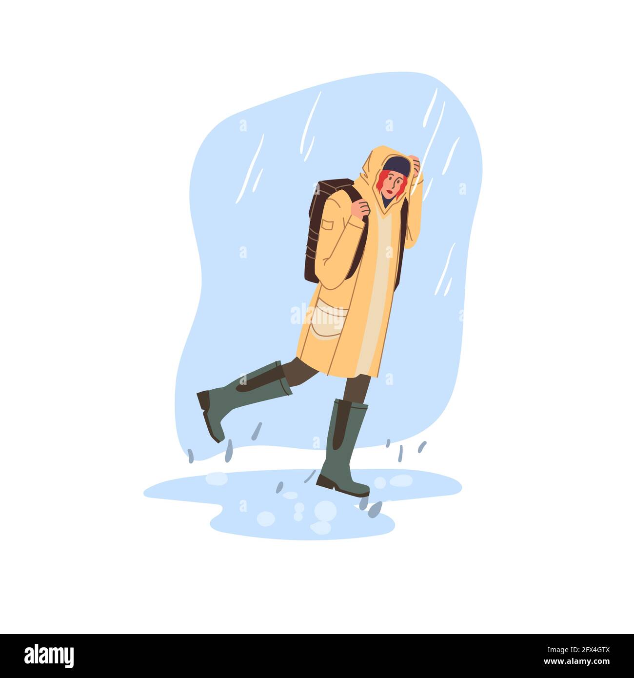 Flat cartoon character in rain,autumn season vector illustration ...