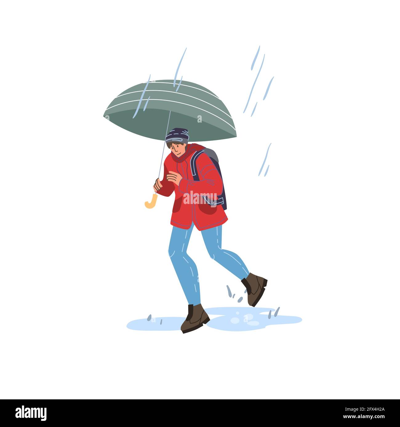 Flat cartoon character in rain,autumn season vector illustration ...