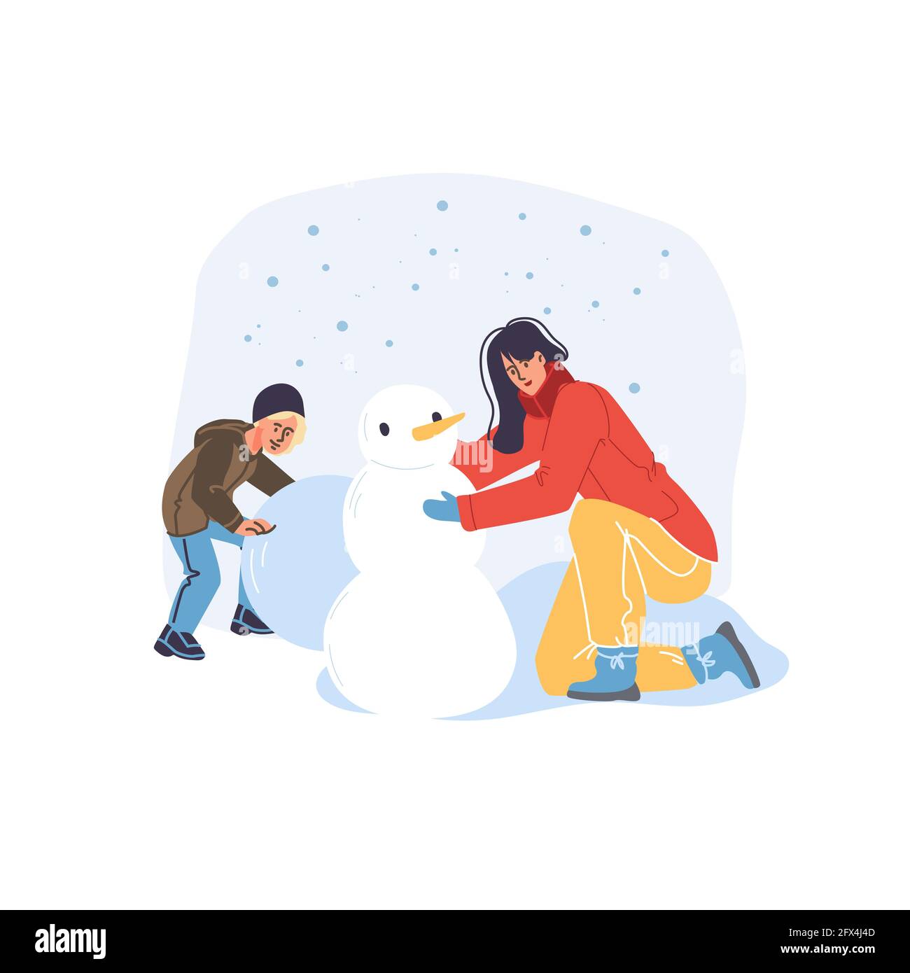 Flat cartoon characters in winter season vector illustration concept ...