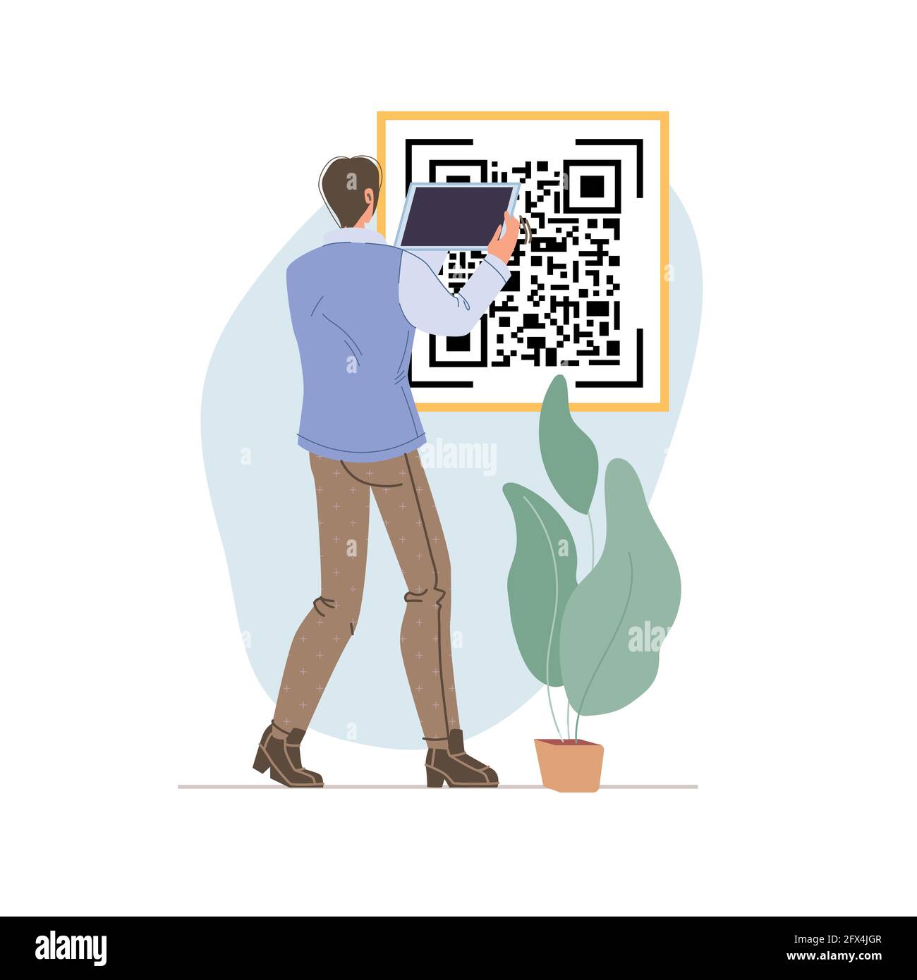 Flat cartoon character with blank screen phone QR scan vector ...