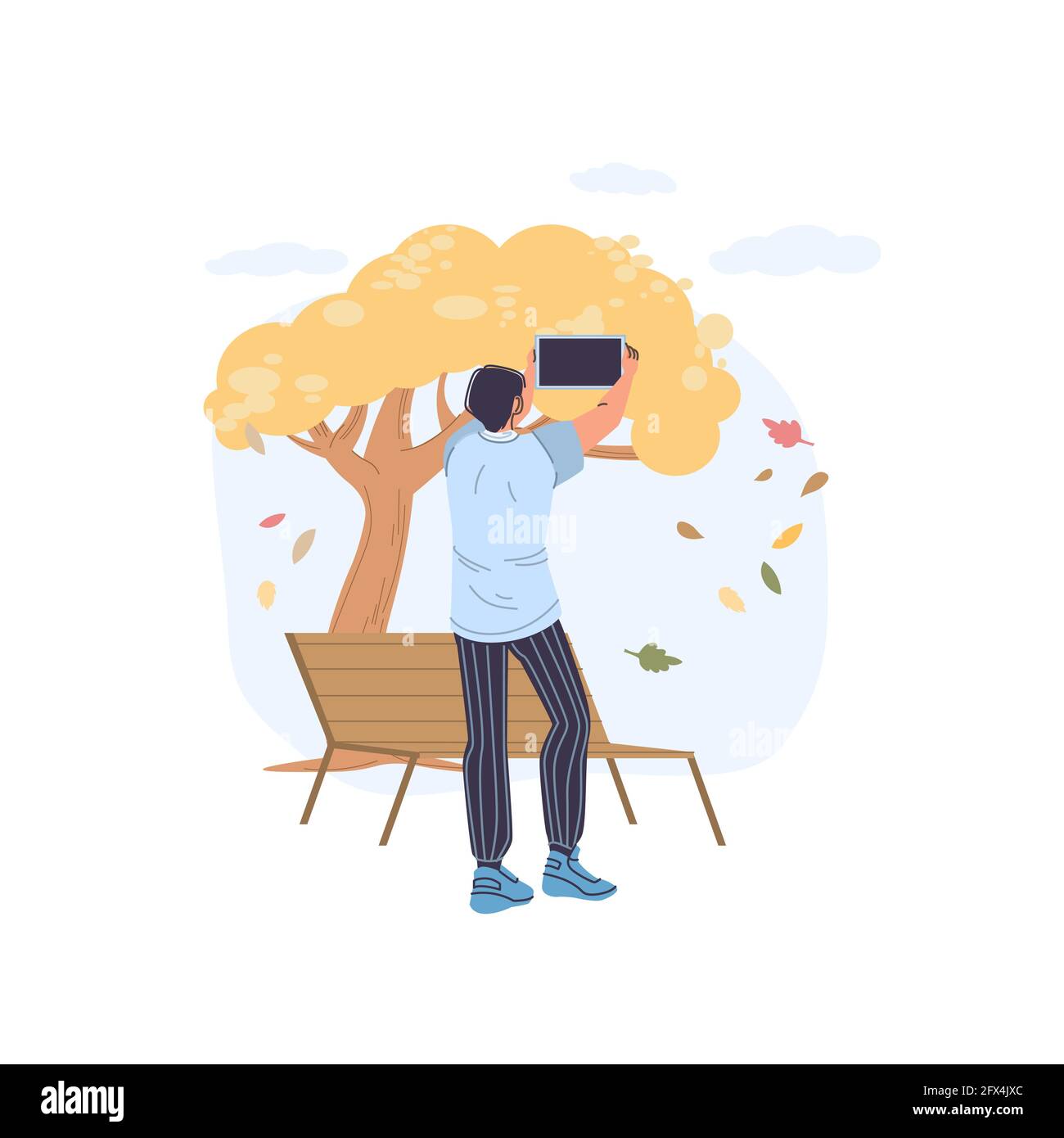 Flat cartoon character with blank screen tablet vector illustration ...