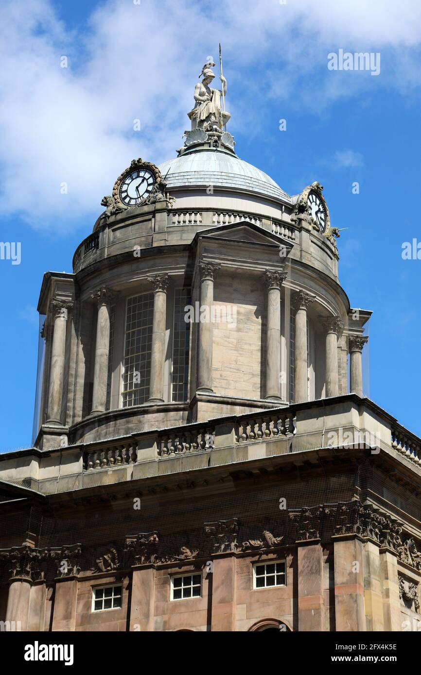 Liverpool Town Hall building with the statue of Roman goddess Minerva ...