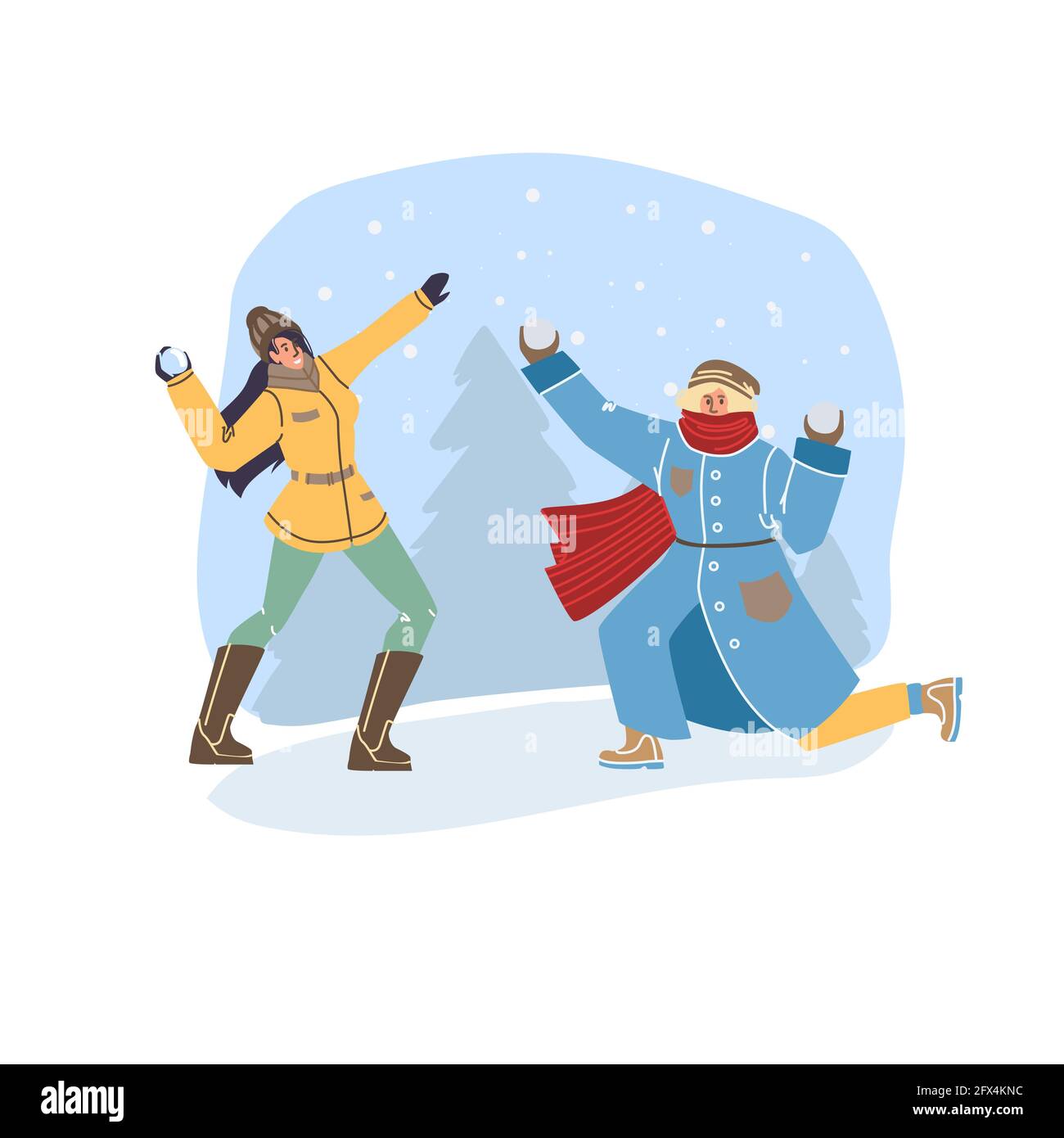 Flat cartoon characters in winter season vector illustration concept ...