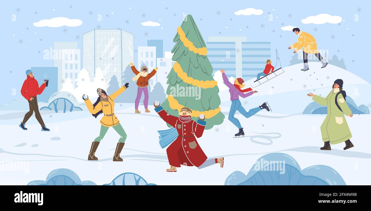 Flat cartoon characters happy holidays vector illustration concept ...