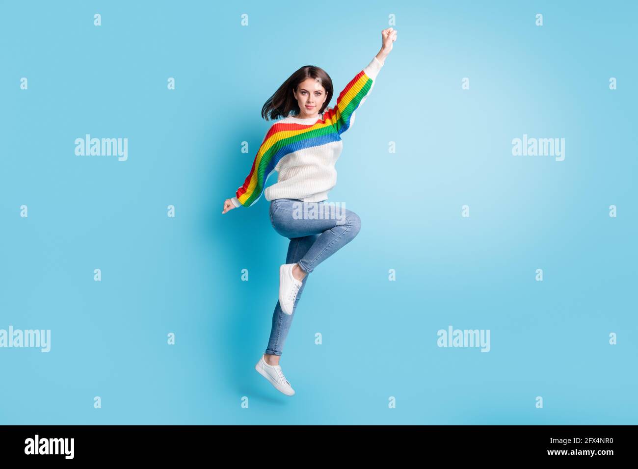 Full length body size view of pretty motivated girl jumping striving ...