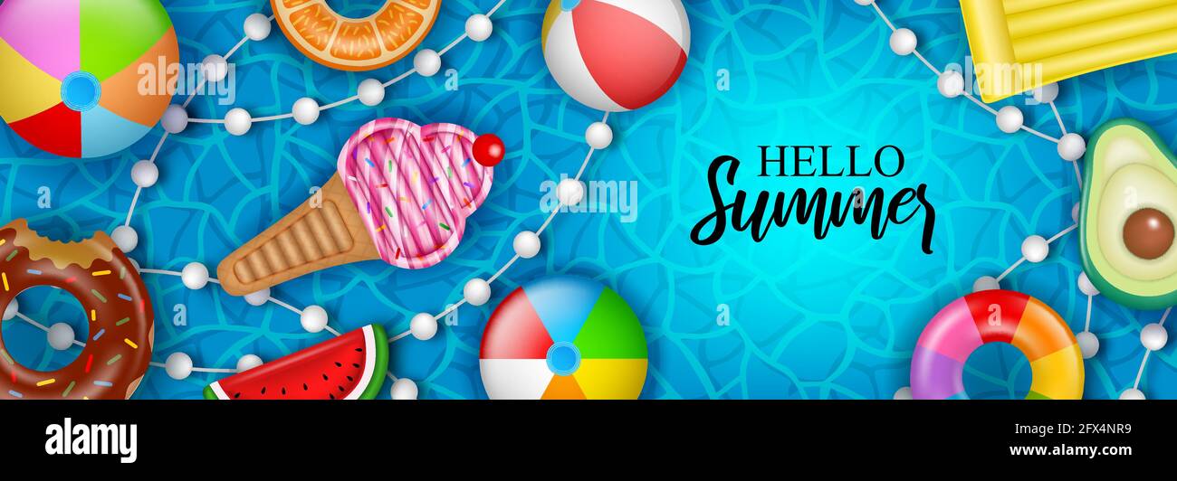Hello summer banner with inflatable balls, mattresses and swimming ...
