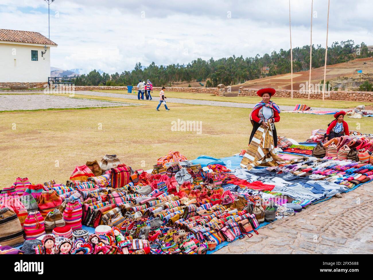 Outdoor textile and souvenir market in the town square of Chinchero, a ...