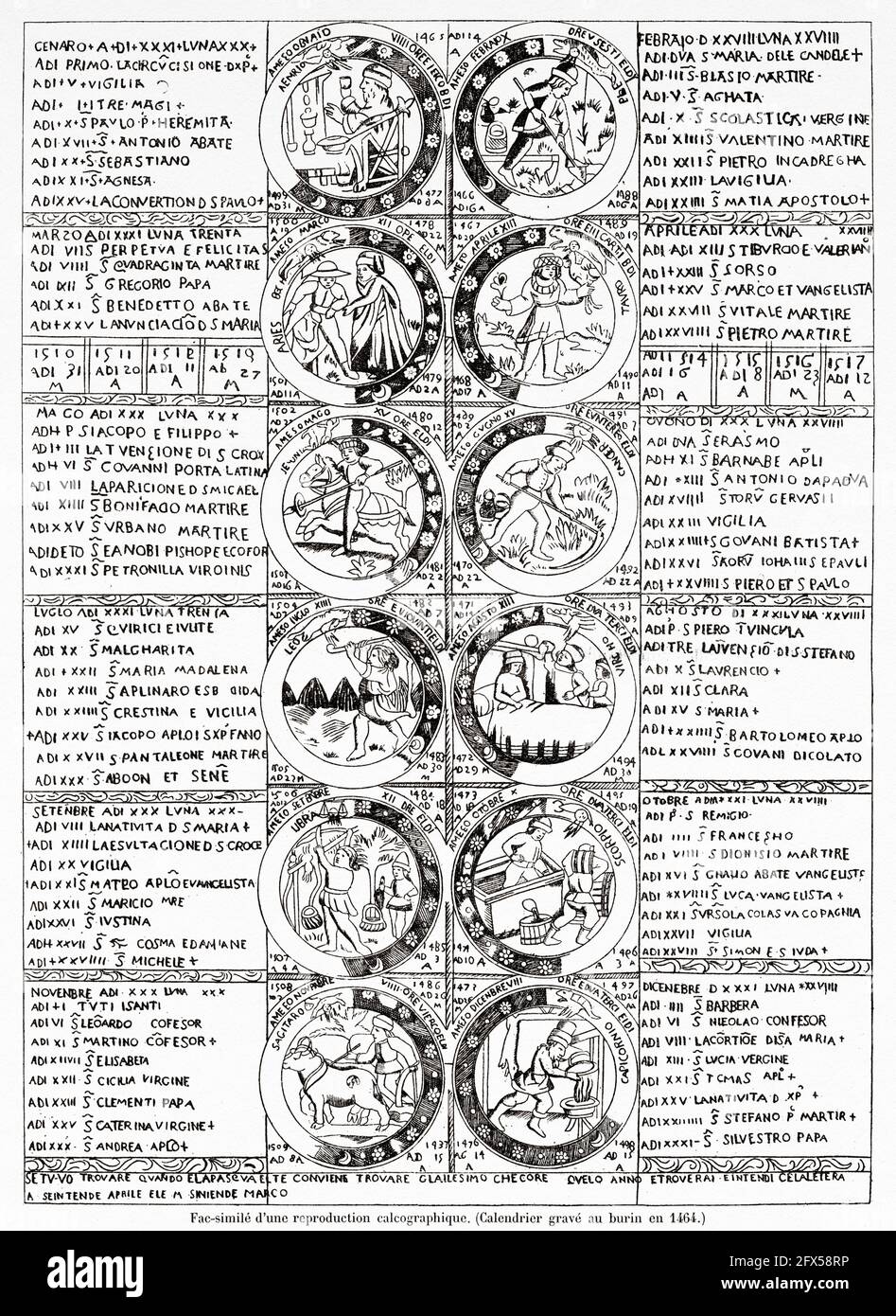 Engraved calendar with chisel 1464. Old 19th century engraved ...