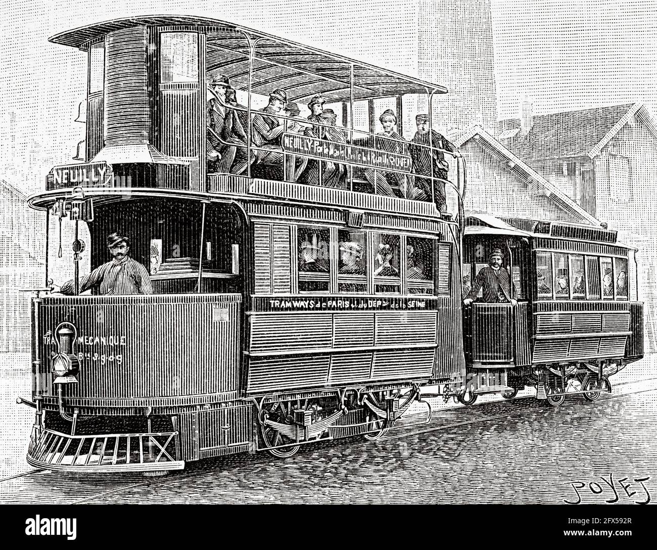 Leon Serpollet steam trams. Old 19th century engraved illustration from ...