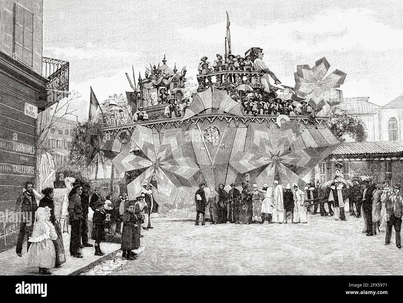 The Carnival at Nice 1894, the dirigible balloon. France. Old 19th ...