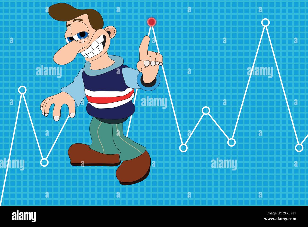Man with cheeky smile points at red spot on graph cartoon Stock Vector ...