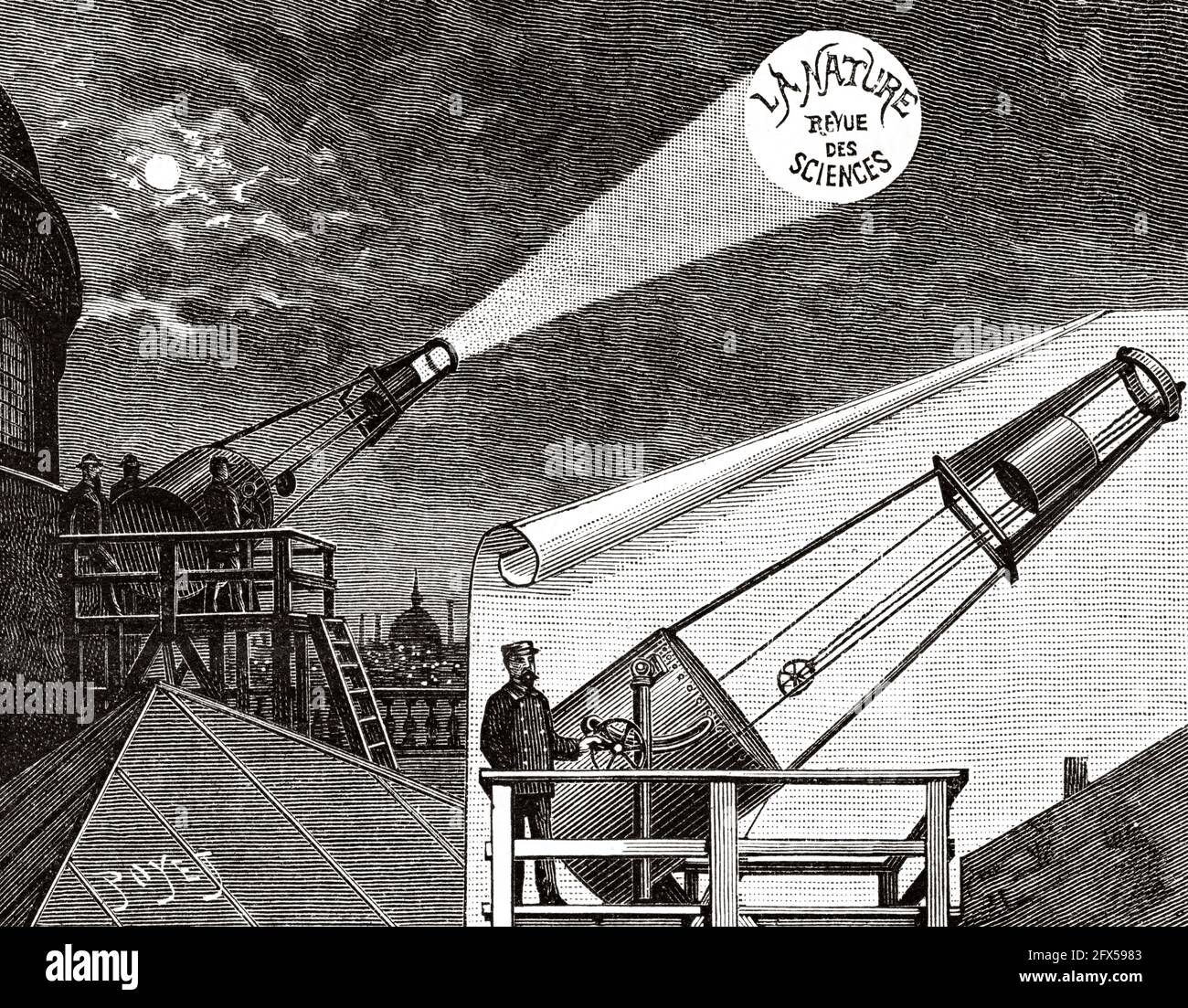 Image projection on clouds with a magic lantern. Old 19th century ...