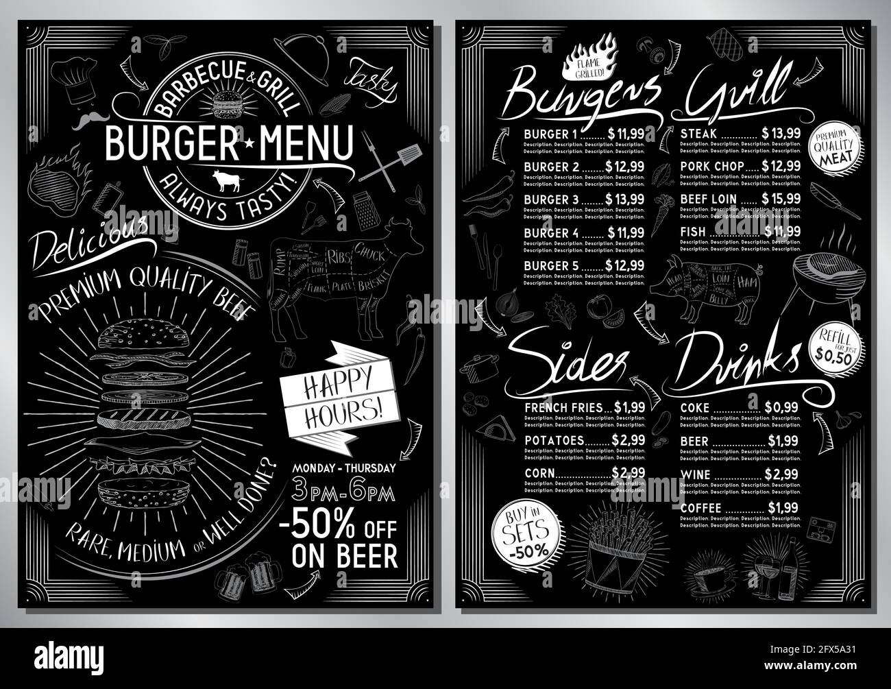 Burger bar menu template - A4 card (burgers, grill, sides, drinks Stock ...