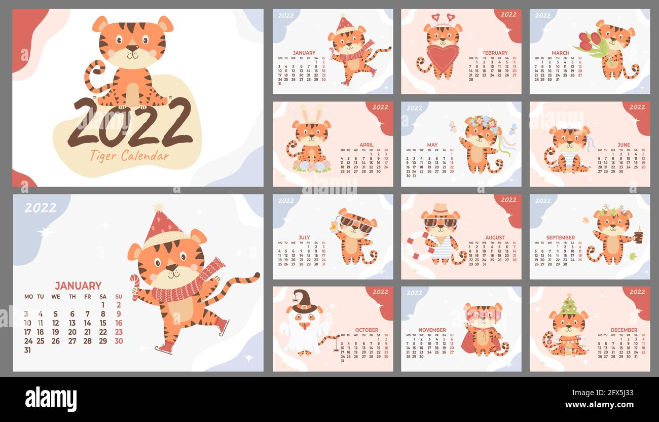 Wall calendar template for 2022. Year of the Tiger in the Chinese or ...