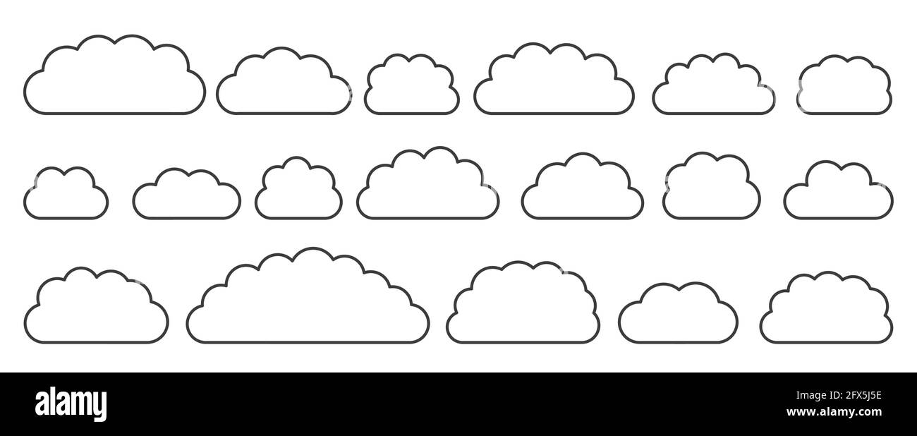 Line black empty flat vector cloud set. Clouds cartoon symbols on white ...