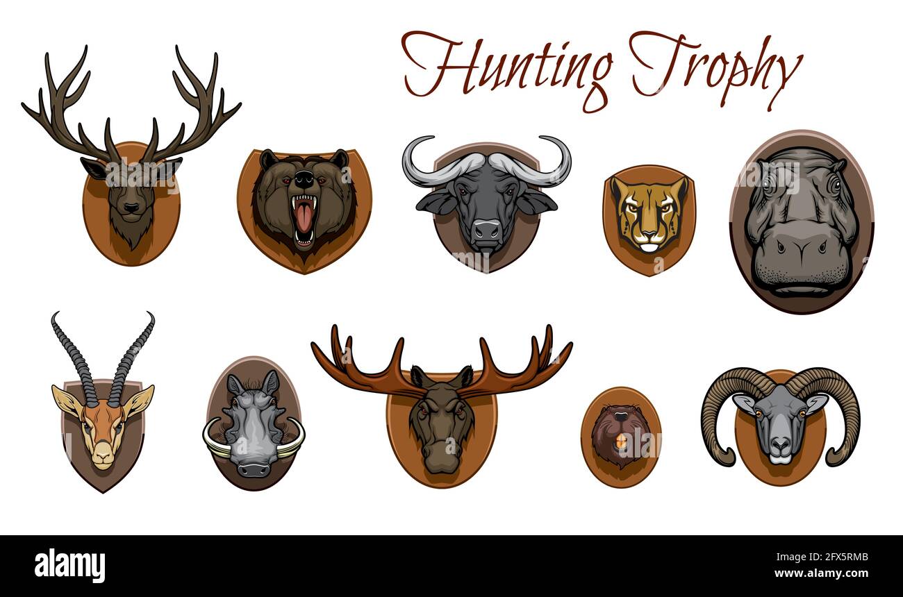 Hunting trophies animals heads. Vector deer, roaring grizzly bear ...