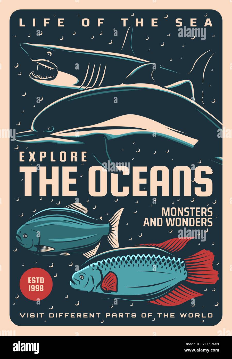 Ocean undersea world and sea life, underwater travel vector retro ...