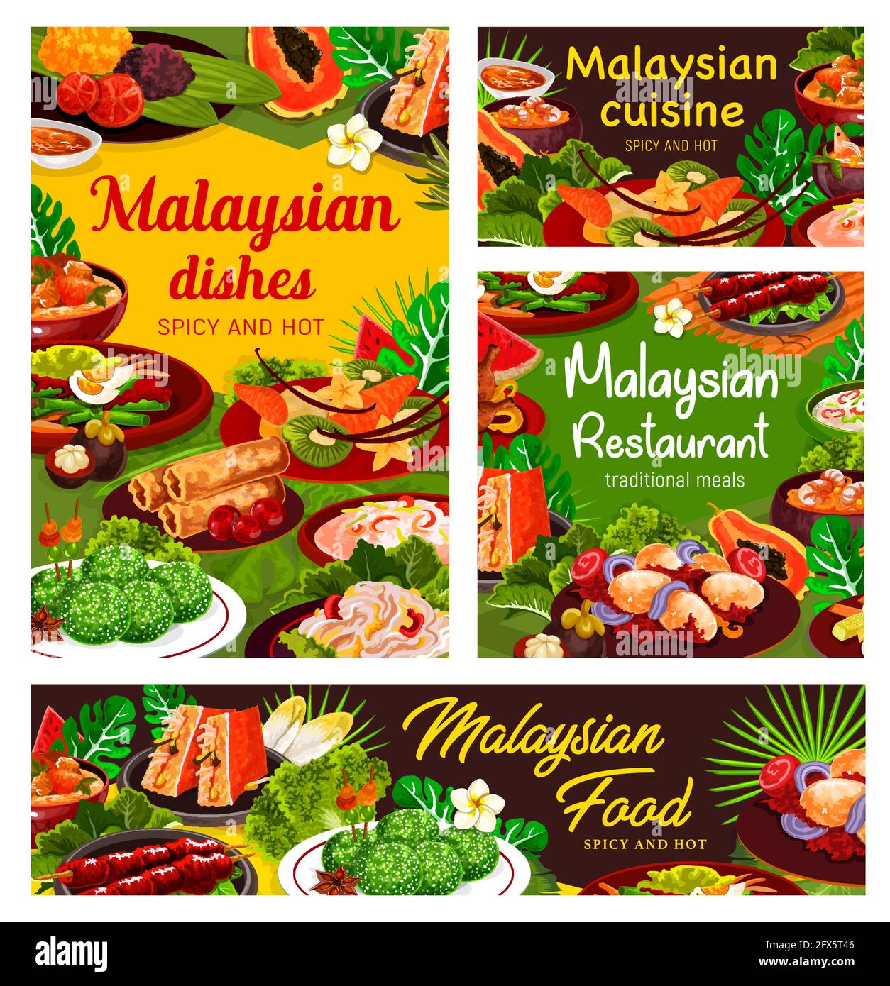 Malaysian cuisine posters, vector seafood, vegetable and meat food ...