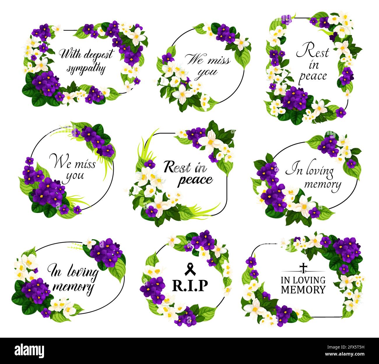 Funeral service vector wreaths and floral frames. Condolence flower ...