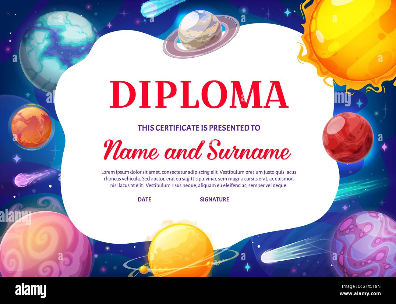 Kids diploma with galaxy planets, vector educational certificate for ...