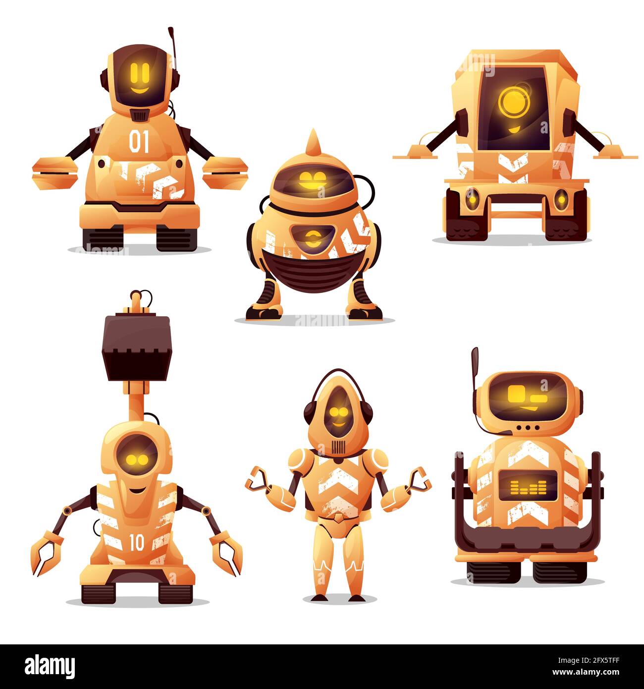 Robots road workers, vector cyborgs with friendly glow faces and construction machinery parts ...
