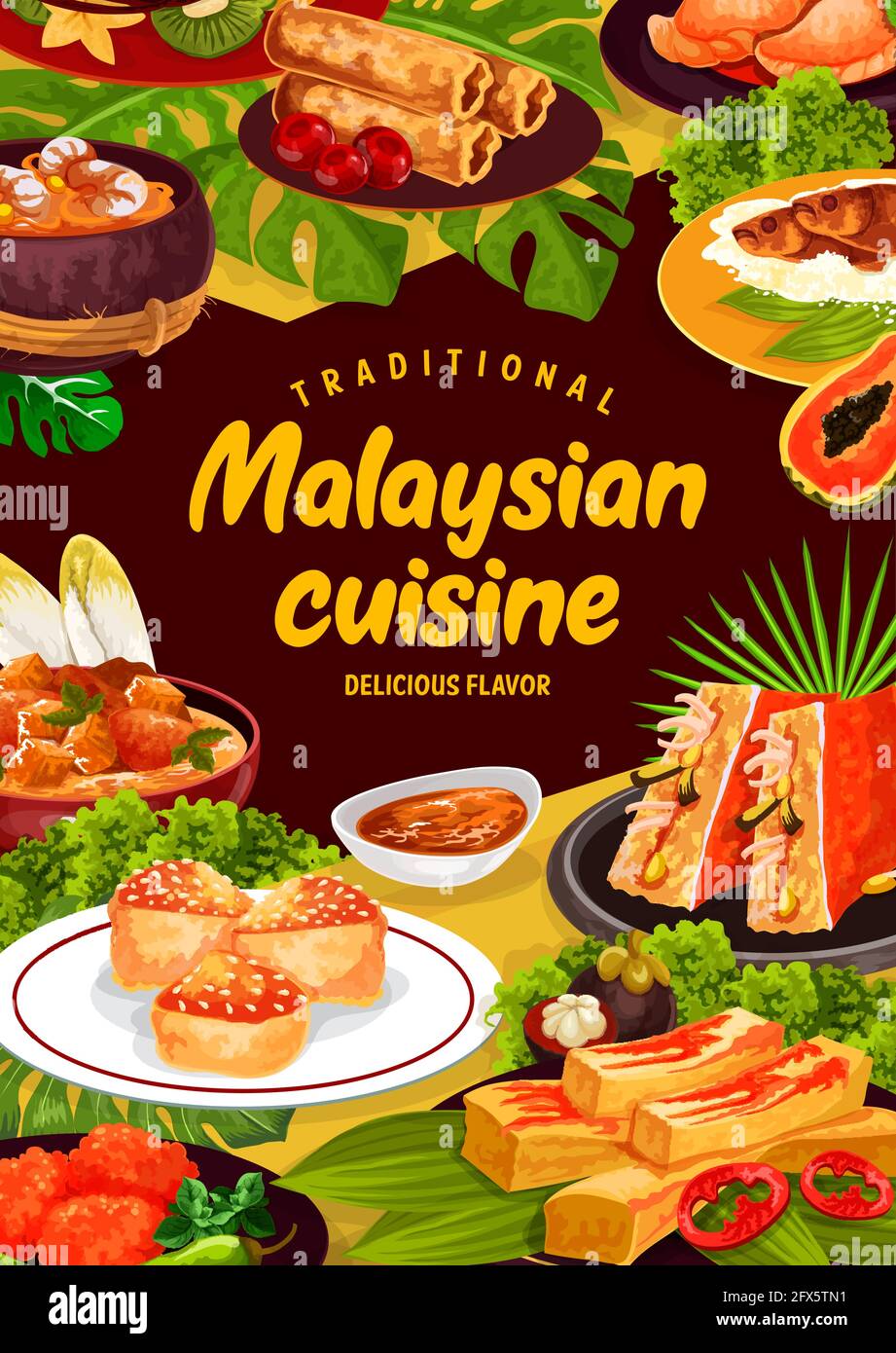 Malaysian cuisine vector poster of rice and vegetable food with meat ...