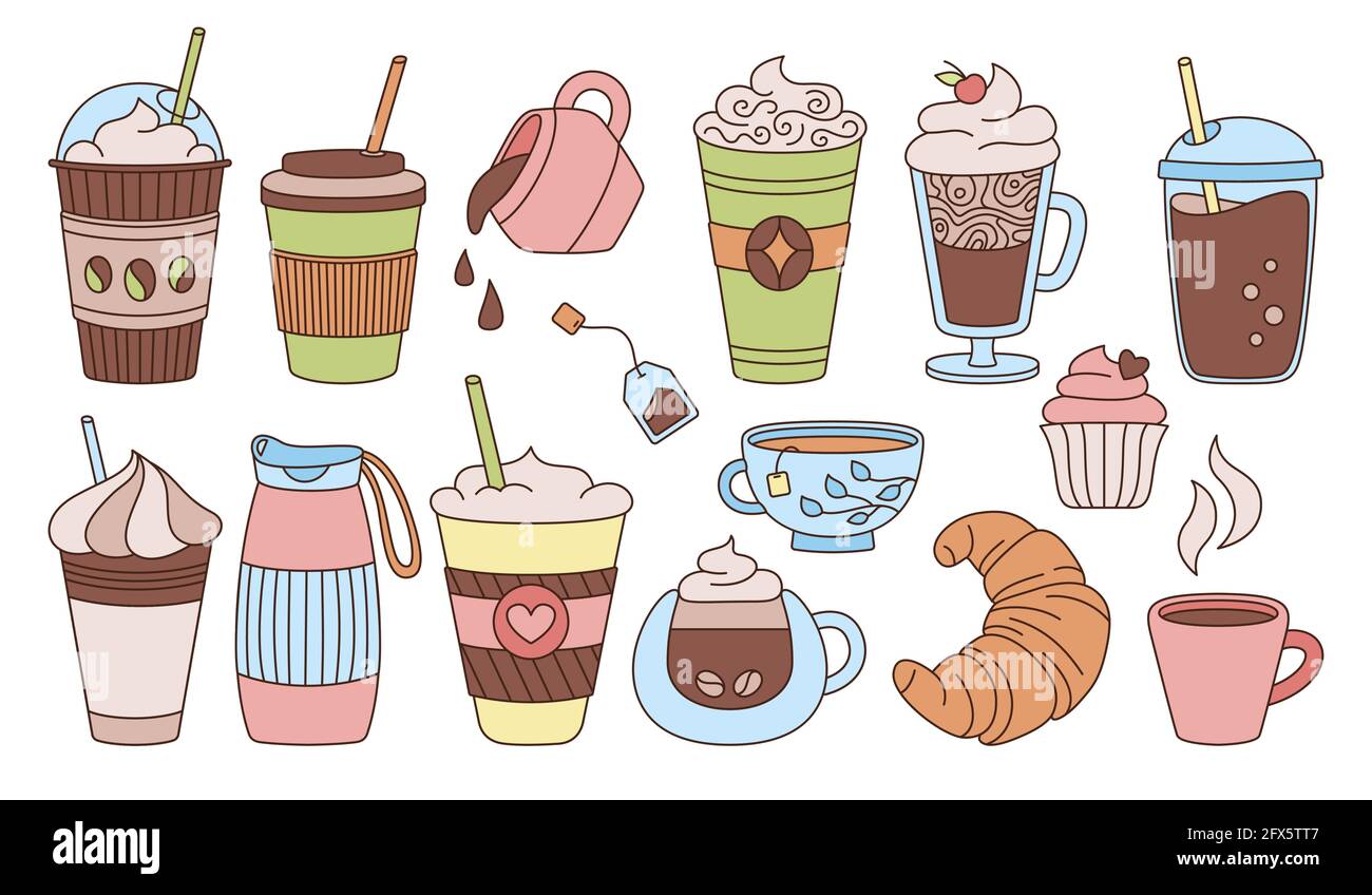 Coffee cup colored sketch cartoon set. Trendy doodle flat various cups ...