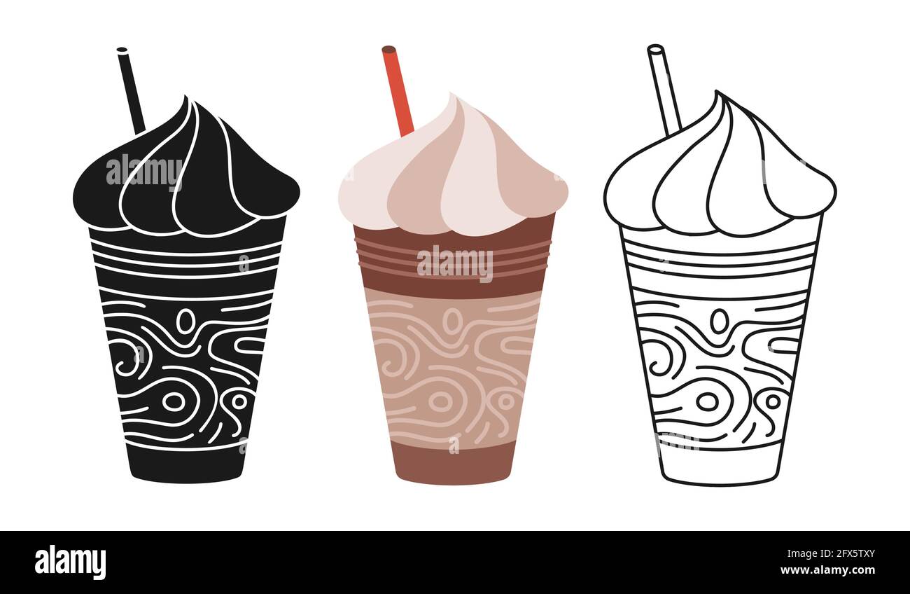 Coffee frappe cup cartoon set line icon, black glyph trendy style ...