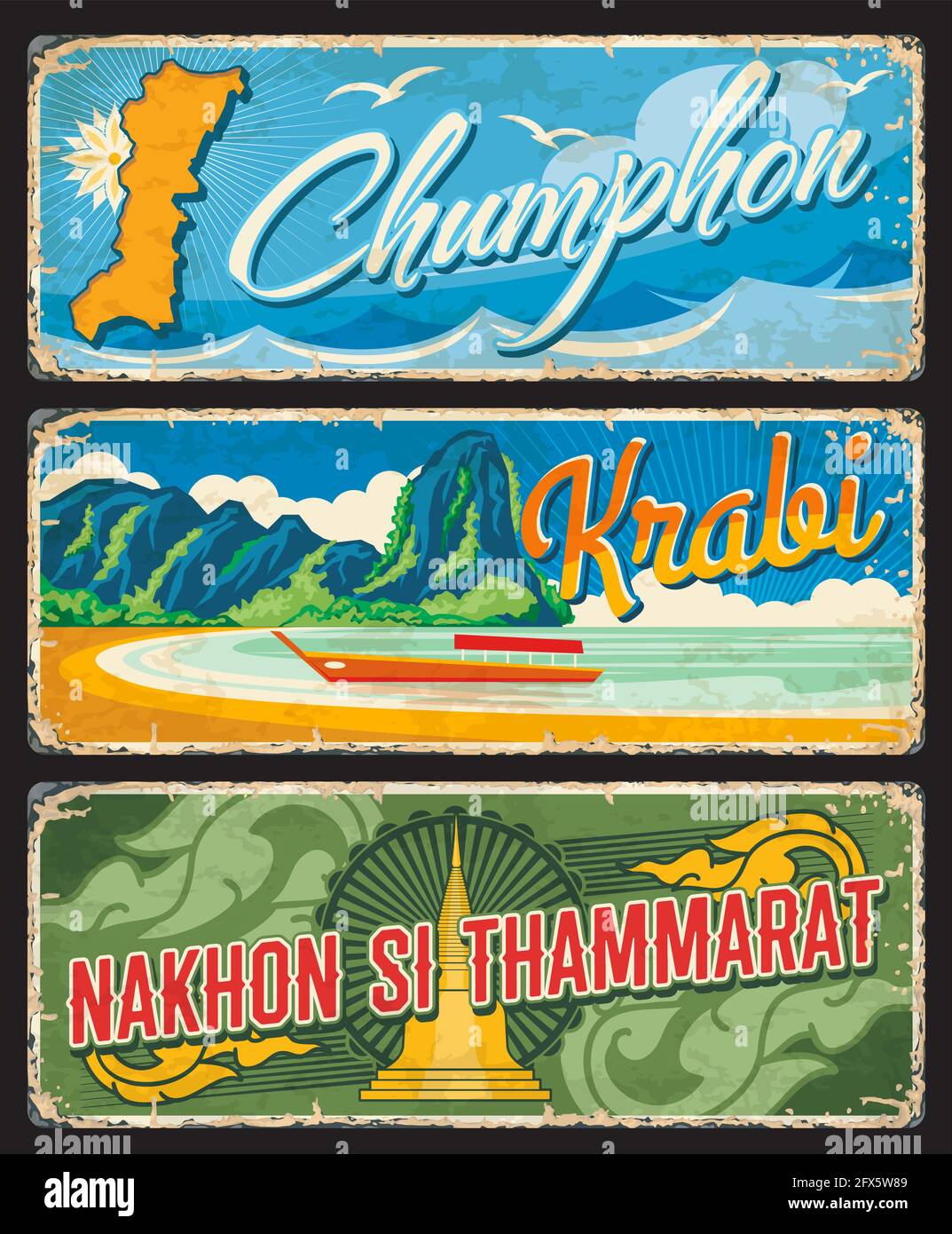 Chumphon, Krabi and Nakhon Si Thammarat Thailand provinces vintage ...