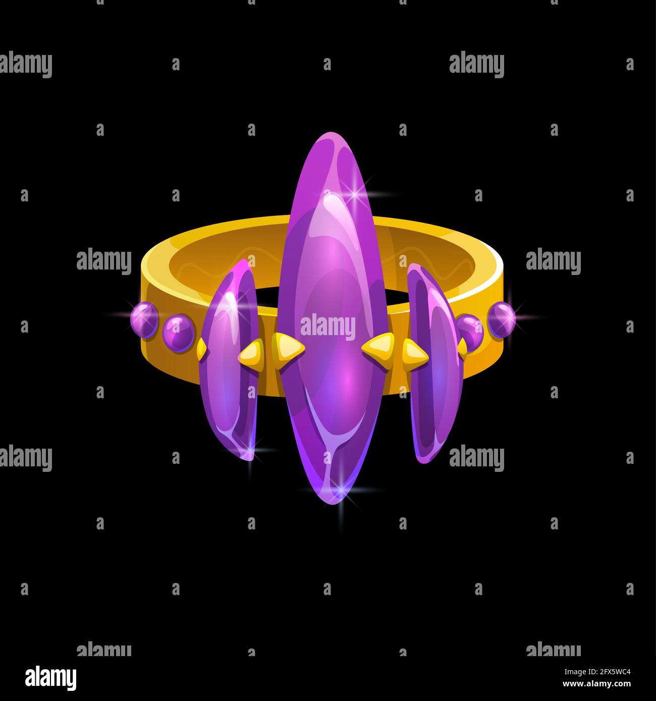 Magic ring with purple gemstones, vector wizard sorcerer or witch gold ...