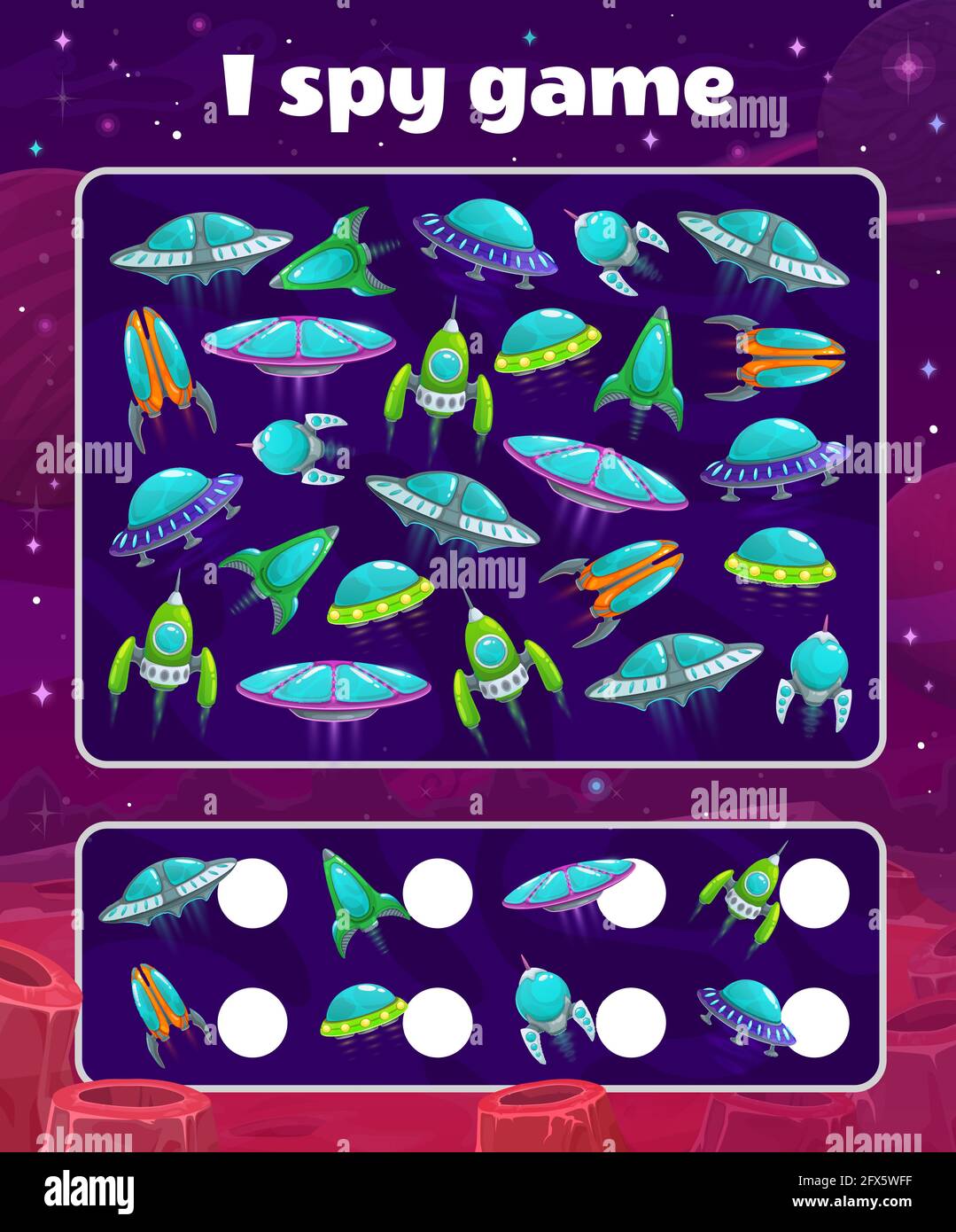 I spy game with spaceships, kids vector riddle with cartoon space ships ...
