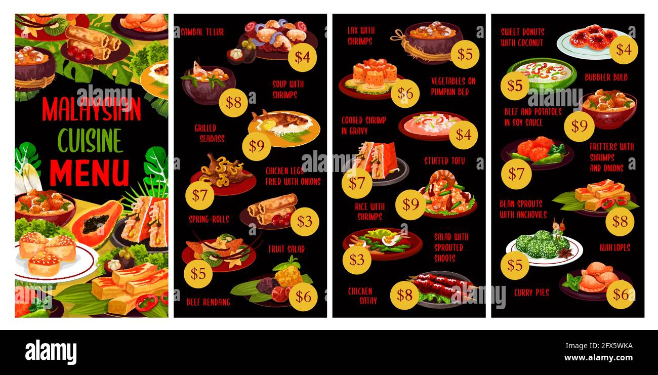 Malaysian cuisine menu meals with vector Asian seafood, vegetable and ...