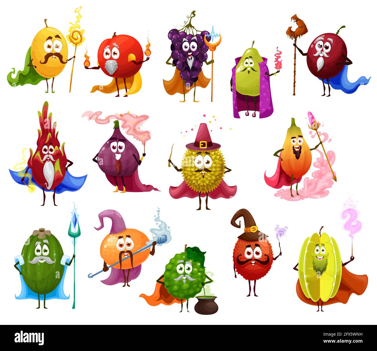 Funny fruit magician and wizard cartoon characters. Melon, grapes and ...
