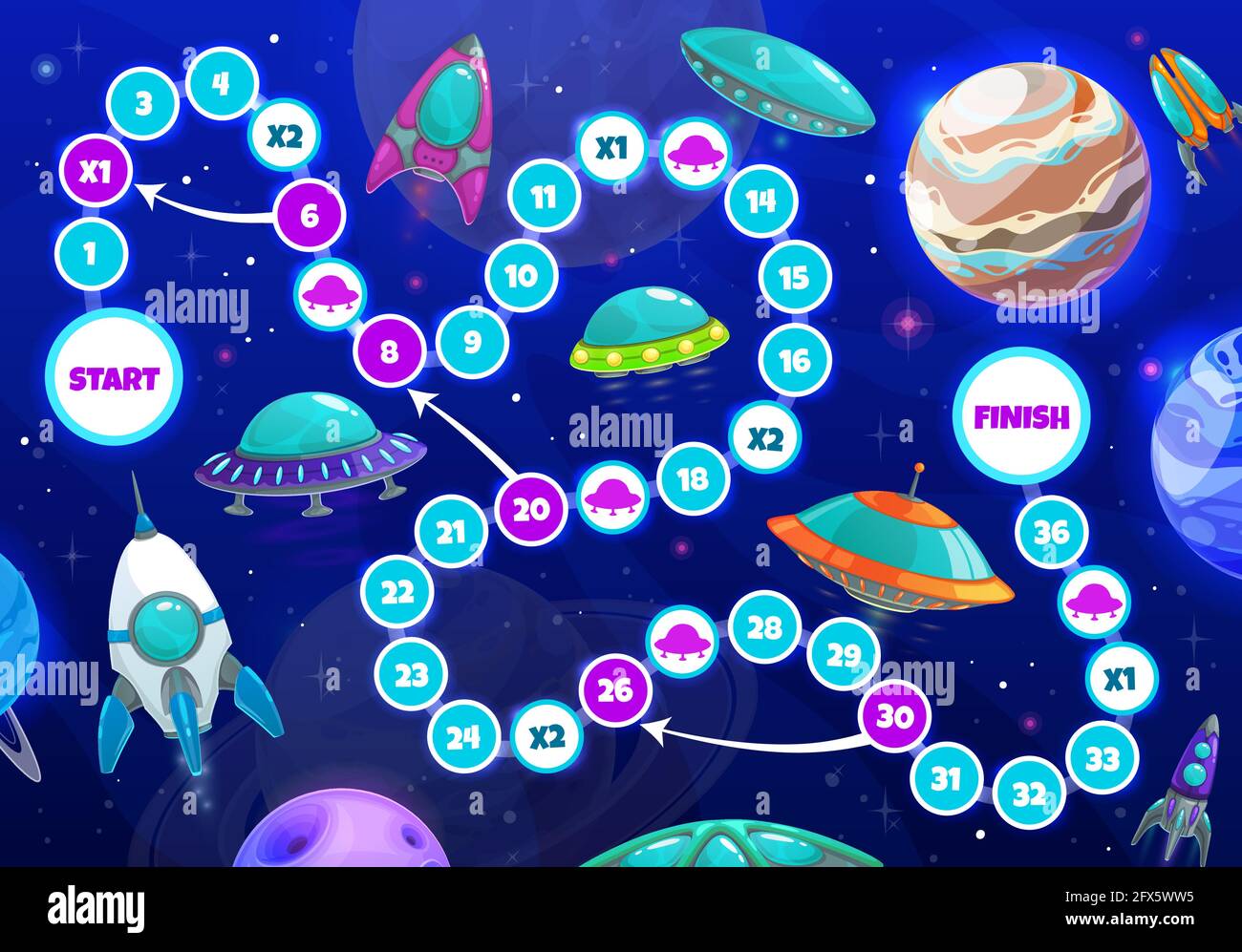 Kids boardgame with spaceships and planets. Vector step board game with ...
